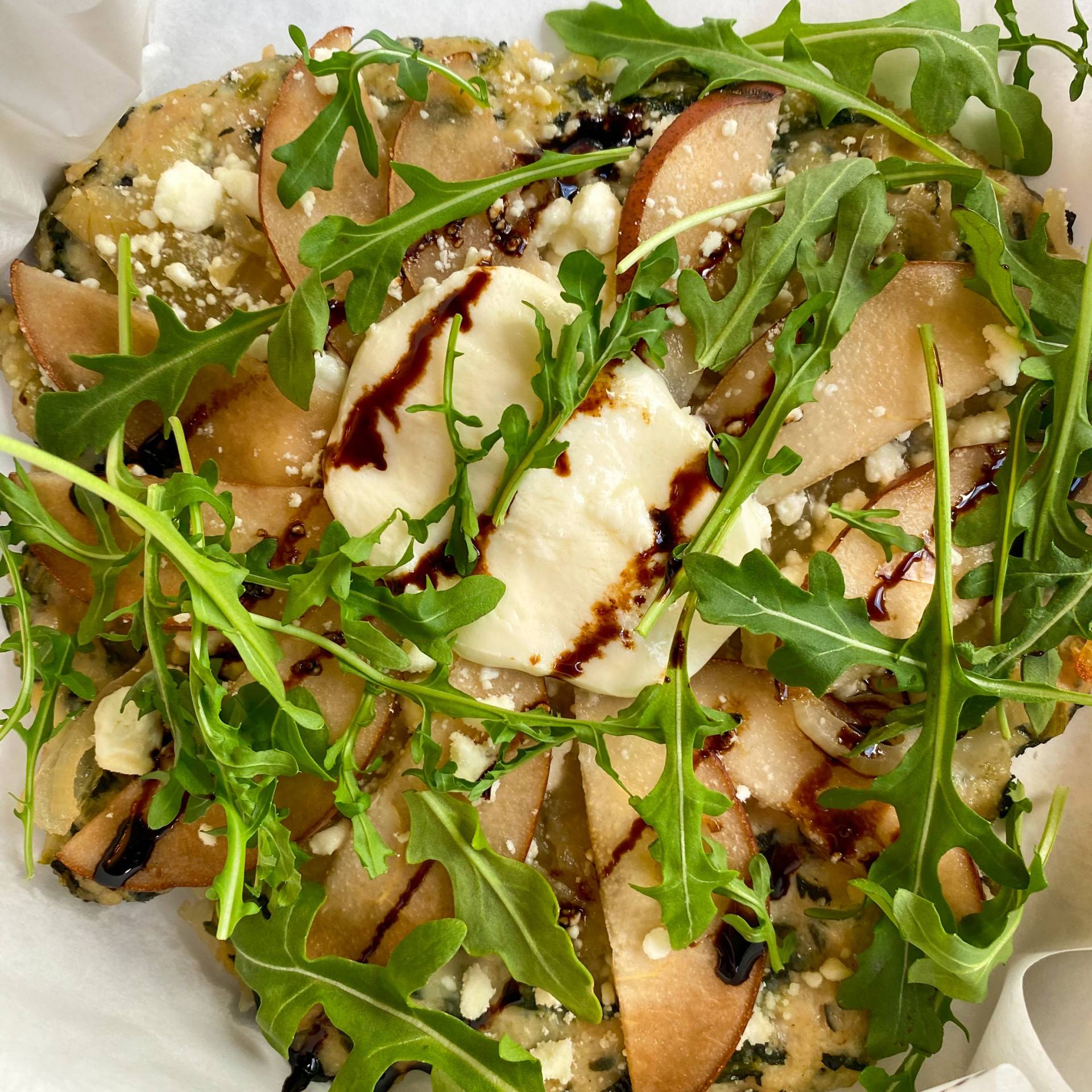 Low Carb Pear Arugula Goat Cheese Chicken Crust Pizza - Feed Your Change